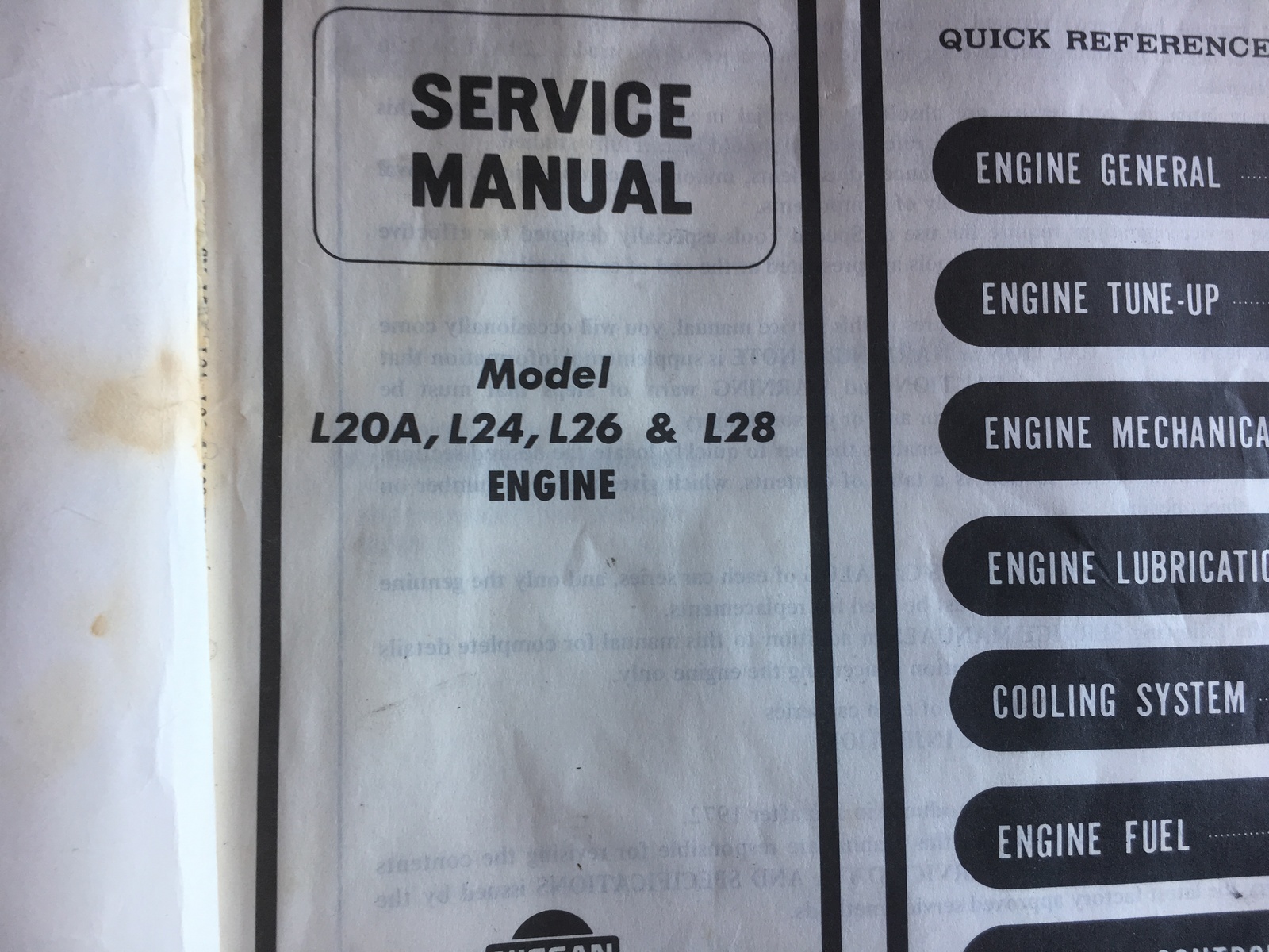 NISSAN ENGINE MODELS L20A L24 L26 L28 SERIES NISSAN SERVICE WORKSHOP MANUAL