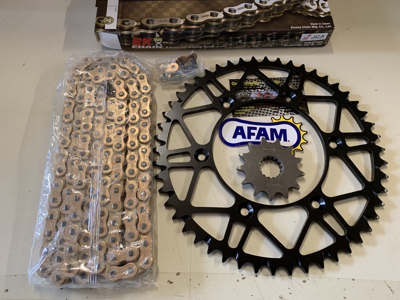 KTM AFAM SLK SUPER LITE 13 50 CHAIN & SPROCKET KIT EK GOLD XRING CHAIN