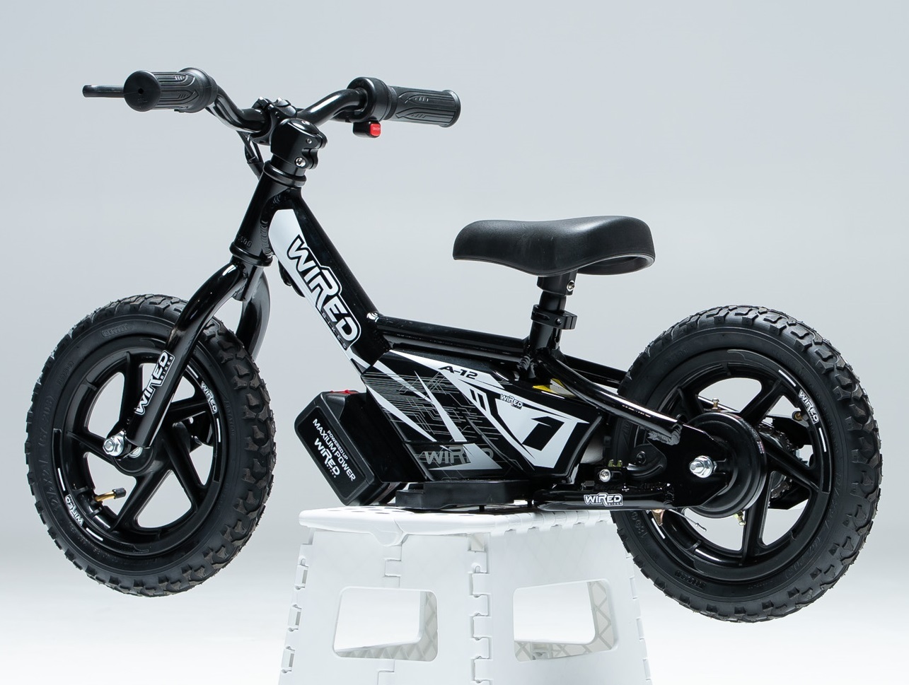WIRED ELECTRIC BATTERY KIDS BALANCE BIKE 12 INCH WHEELS BLACK